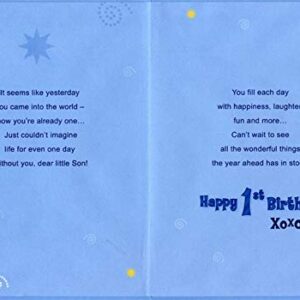 Designer Greetings Cute Lion Holding Blue Present Juvenile 1st / First Birthday Card for Son