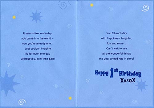 Designer Greetings Cute Lion Holding Blue Present Juvenile 1st / First Birthday Card for Son