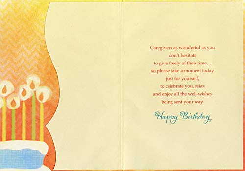 Designer Greetings Four Tiered Cake on Orange Chevron Pattern Birthday Card for Caregiver