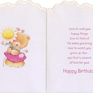 Designer Greetings Bear Holding Large Yellow Flower Die Cut Juvenile Birthday Card for Great-Granddaughter