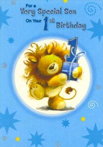 designer greetings cute lion holding blue present juvenile 1st / first birthday card for son