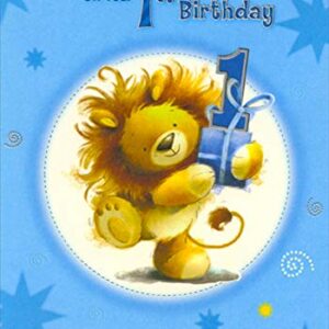 Designer Greetings Cute Lion Holding Blue Present Juvenile 1st / First Birthday Card for Son