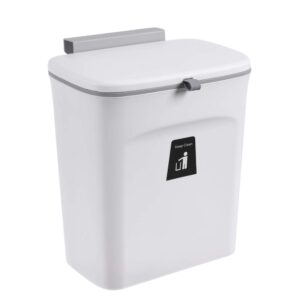 wajj 2.4 gal hanging trash can for kitchen cabinet door with sliding cover, wall mounted small trash bin waste bin with lid for kitchen cabinet door, bathroom, toilet, bedroom, living room(white)