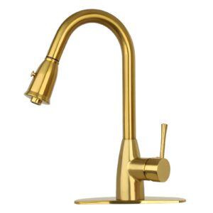 akicon one-handle brushed gold pull down kitchen faucet with deck plate - 5 years warranty (brushed gold)