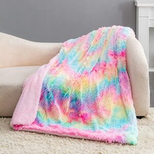 bobor faux fur throw blanket, tie dye rainbow sherpa fleece fluffy blanket for girls, super soft fuzzy plush cozy lightweight decorative blankets for couch sofa bed (rainbow, 59"x79")