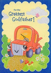 designer greetings cute red car, daisies and mushrooms juvenile birthday card for godfather