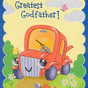 Designer Greetings Cute Red Car, Daisies and Mushrooms Juvenile Birthday Card for Godfather