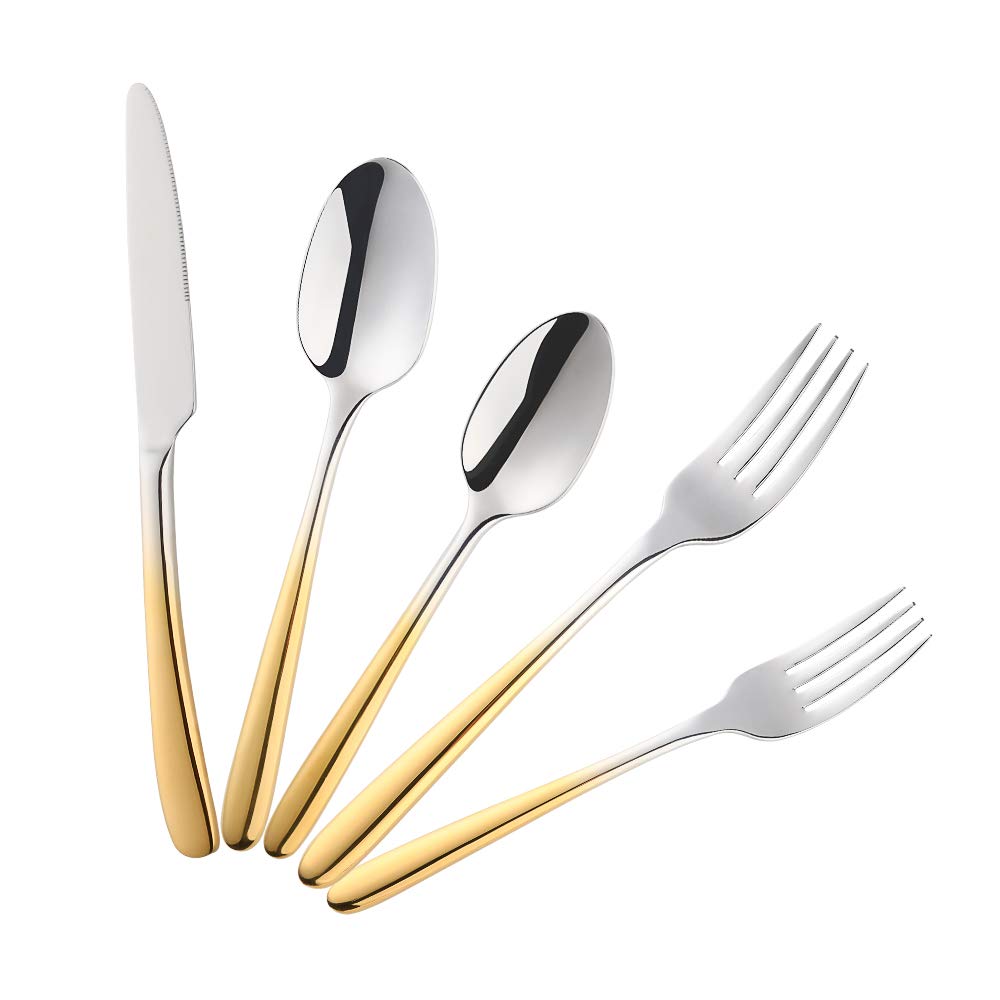 Buyer Star Stainless Steel Flatware Gradient Gold Silverware Set Dinner Spoons Forks Set Kitchen Tableware Cutlery Service for 4 (Service for 4, Style A-Gradient Gold)