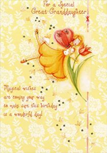 designer greetings fairy holding single red flower: magical wishes juvenile birthday card for great-granddaughter