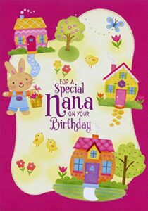 designer greetings three homes, rabbit with basket and chicks juvenile nana birthday card from kid/child