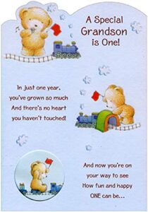 designer greetings bear playing with train die cut juvenile 1st / first birthday card for grandson