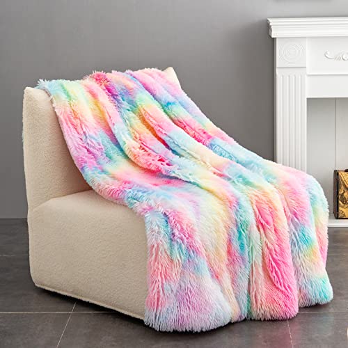 BOBOR Faux Fur Throw Blanket, Tie Dye Rainbow Sherpa Fleece Fluffy Blanket for Girls, Super Soft Fuzzy Plush Cozy Lightweight Decorative Blankets for Couch Sofa Bed (Rainbow, 59"x79")