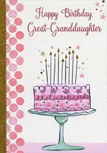 designer greetings pink cake, tall candles, gold foil flames birthday card for great-granddaughter