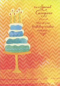 designer greetings four tiered cake on orange chevron pattern birthday card for caregiver