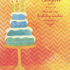 Designer Greetings Four Tiered Cake on Orange Chevron Pattern Birthday Card for Caregiver