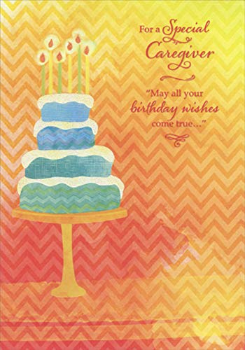 Designer Greetings Four Tiered Cake on Orange Chevron Pattern Birthday Card for Caregiver