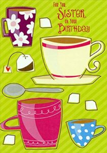 designer greetings coffee and tea cups on green diagonal stripes birthday card for sister