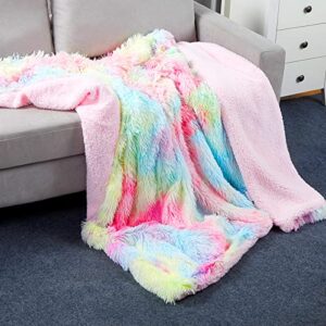 BOBOR Faux Fur Throw Blanket, Tie Dye Rainbow Sherpa Fleece Fluffy Blanket for Girls, Super Soft Fuzzy Plush Cozy Lightweight Decorative Blankets for Couch Sofa Bed (Rainbow, 59"x79")