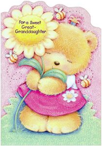 designer greetings bear holding large yellow flower die cut juvenile birthday card for great-granddaughter