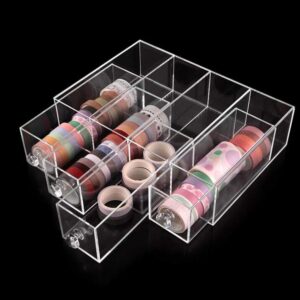 HomDSim 4 Drawers Clear Washi Tape Box Organizer Storage,Divider Closet Container,Holder Storage for Masking Tape Desktop Tape DIY Sticker Roll Tape,for Storing Pens, Erasers,Tape,Push Pins,Pencils