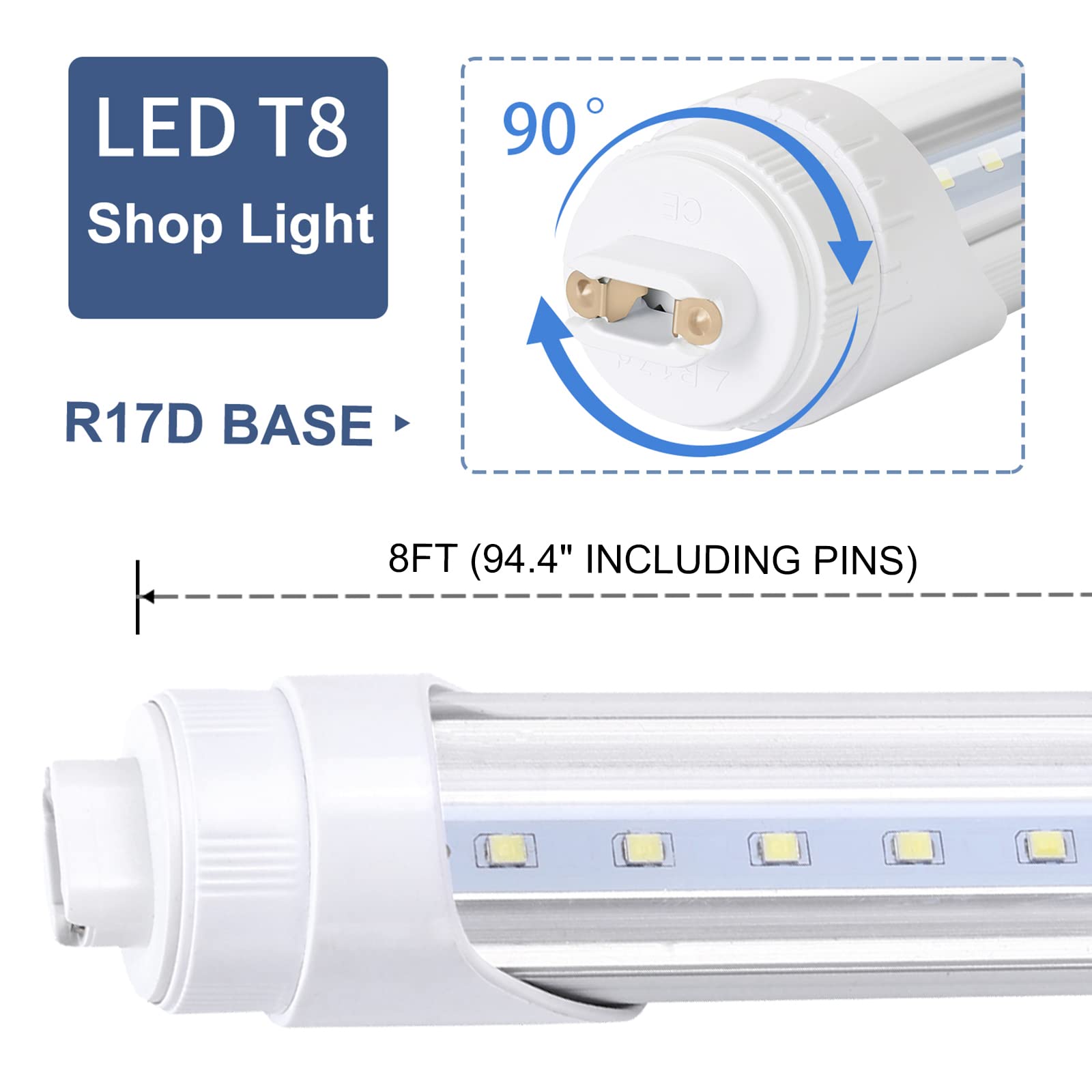 R17D/HO 8FT LED Shop Bulb, Rotating Base LED Tube Light, 6000K Clear Lens, Dual-Ended Power Bulb Lights, non-dimmable, 2 Pin, BALLAST REMOVED, (Replacement for F96T12/CW/HO 110W Fluorescent Light)