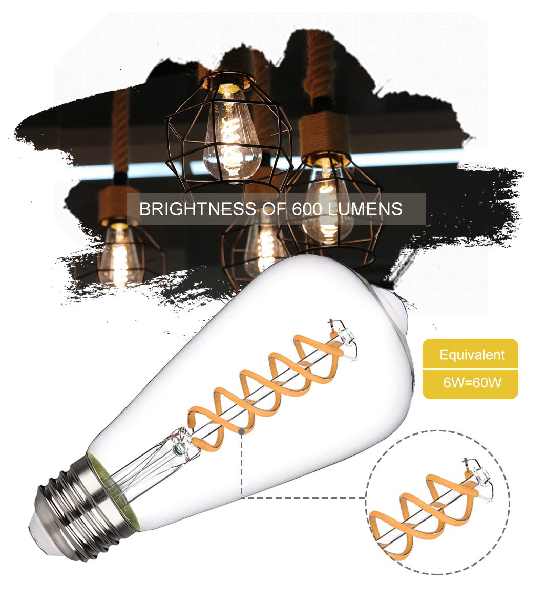 MYEMITTING Dimmable ST58 LED Edison Bulbs, 6W Equivalent to 60W Vintage Light Bulbs, E26 Base 2700K ST58/ST19 LED Bulbs, Antique Flexible Spiral LED Filament Light Bulbs - Clear Glass 6Pack