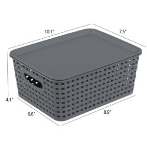 Yarebest 6-Pack Small Plastic Woven Storage Basket with Lid, Grey Basket Bin