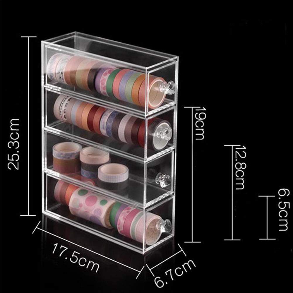 HomDSim 4 Drawers Clear Washi Tape Box Organizer Storage,Divider Closet Container,Holder Storage for Masking Tape Desktop Tape DIY Sticker Roll Tape,for Storing Pens, Erasers,Tape,Push Pins,Pencils