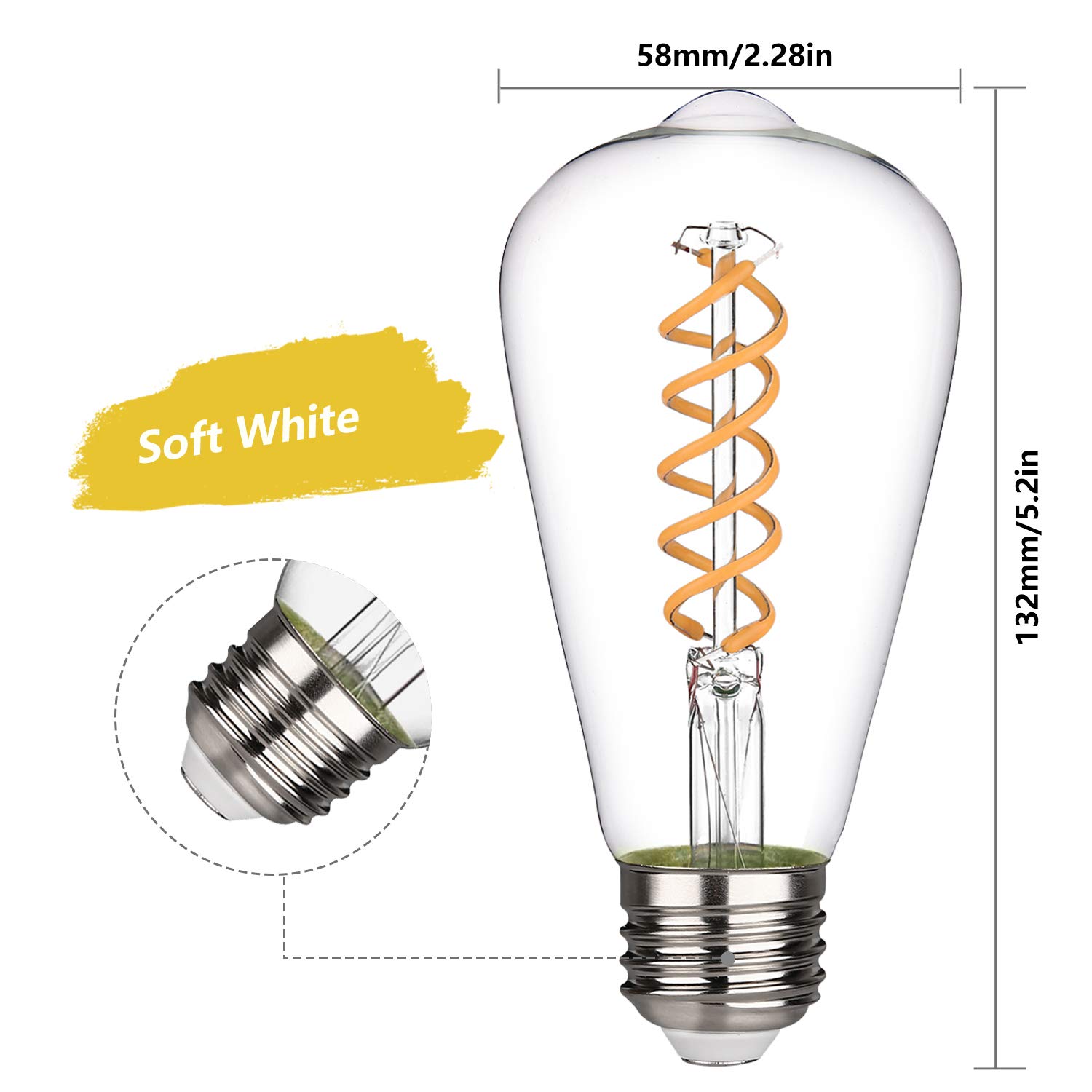 MYEMITTING Dimmable ST58 LED Edison Bulbs, 6W Equivalent to 60W Vintage Light Bulbs, E26 Base 2700K ST58/ST19 LED Bulbs, Antique Flexible Spiral LED Filament Light Bulbs - Clear Glass 6Pack