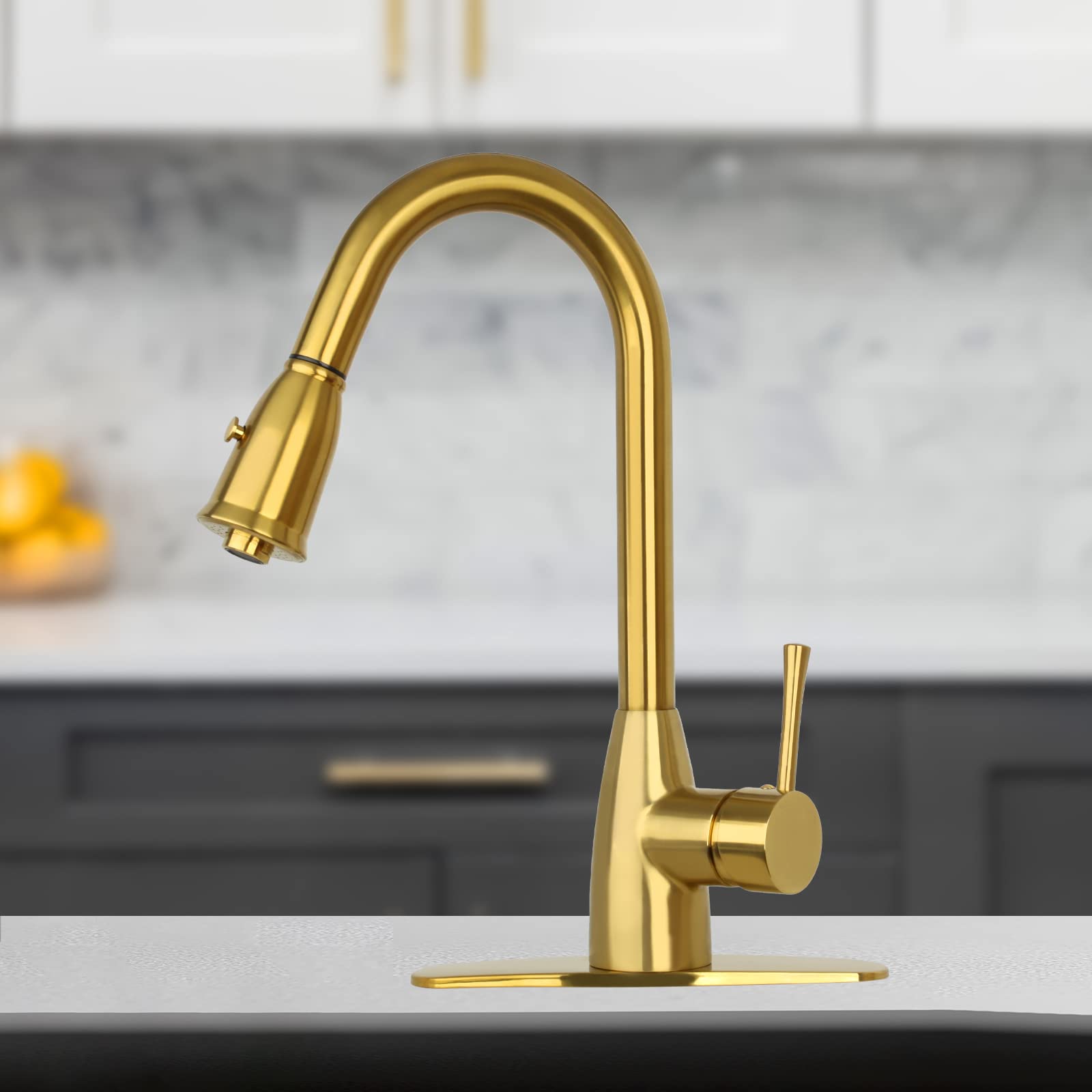 Akicon One-Handle Brushed Gold Pull Down Kitchen Faucet with Deck Plate - 5 Years Warranty (Brushed Gold)