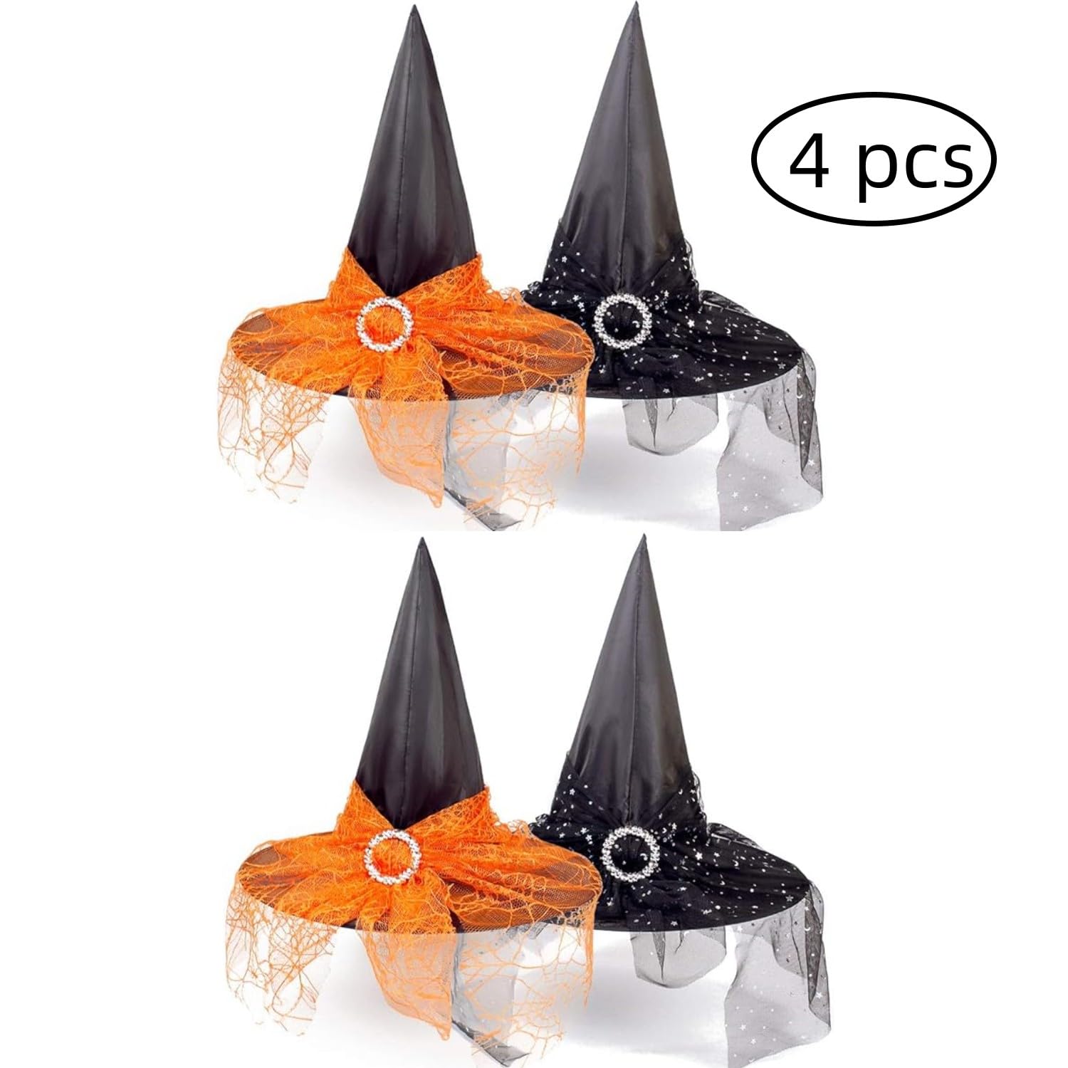 Giga Gud 4 pcs Halloween Witch Hat Halloween Vintage Witch Hat, See-Through Lace Veils Printed Hats Party Supplies Halloween Costume Accessories