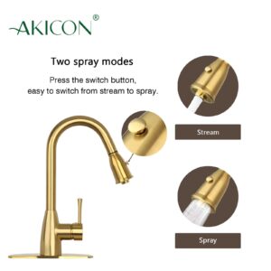 Akicon One-Handle Brushed Gold Pull Down Kitchen Faucet with Deck Plate - 5 Years Warranty (Brushed Gold)