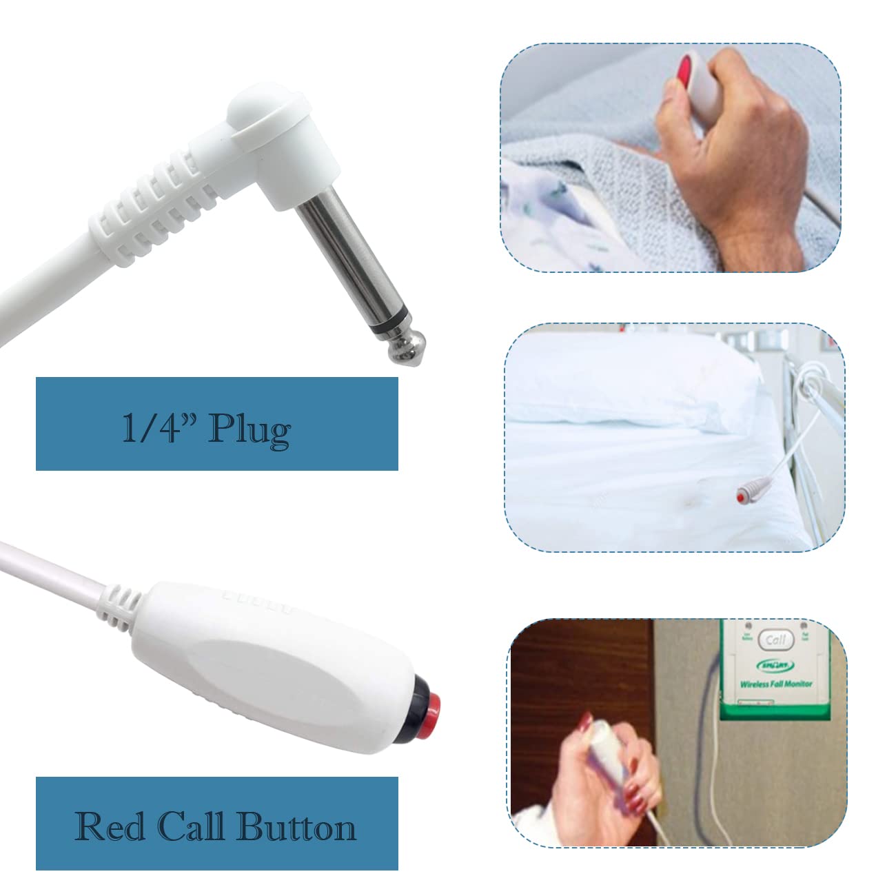 BAOZENP Replacement Nurse Call Cord, Red Button Momentary Call Cable for Nurse Station, 6.35mm Plug, 10 Feet (White)