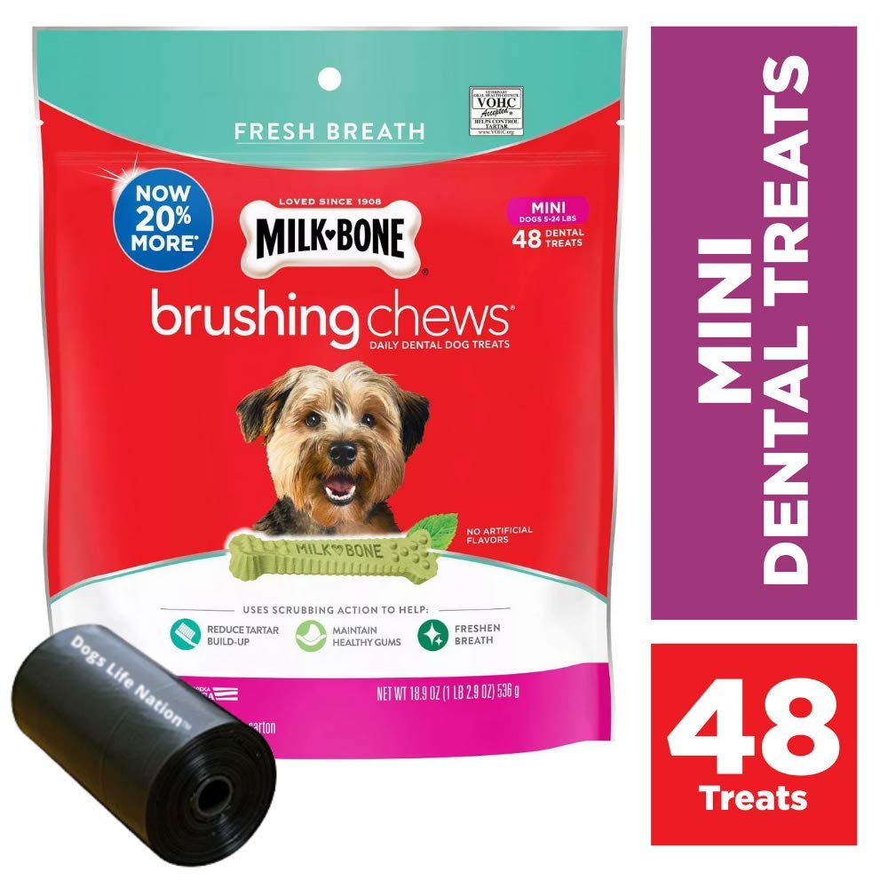 48 Mini Milk-Bone Fresh Breath Brushing Chews Daily Dental Dog Treats and Dogs Life Nation Waste Bag Bundle