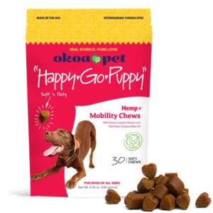 okoa pet "happy-go-puppy mobility chews - hemp dog treats for hip & joint pain relief - vet formulated, natural supplement with green lipped mussel & roe oil, reduces inflammation - made in the usa