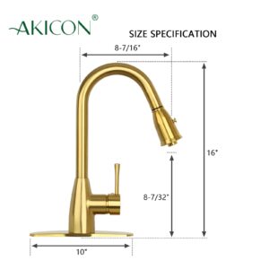 Akicon One-Handle Brushed Gold Pull Down Kitchen Faucet with Deck Plate - 5 Years Warranty (Brushed Gold)