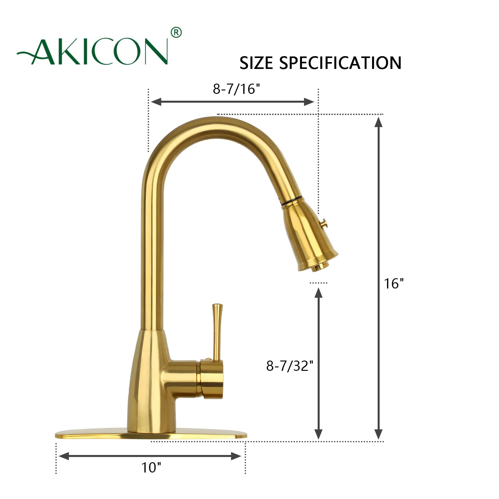 Akicon One-Handle Brushed Gold Pull Down Kitchen Faucet with Deck Plate - 5 Years Warranty (Brushed Gold)