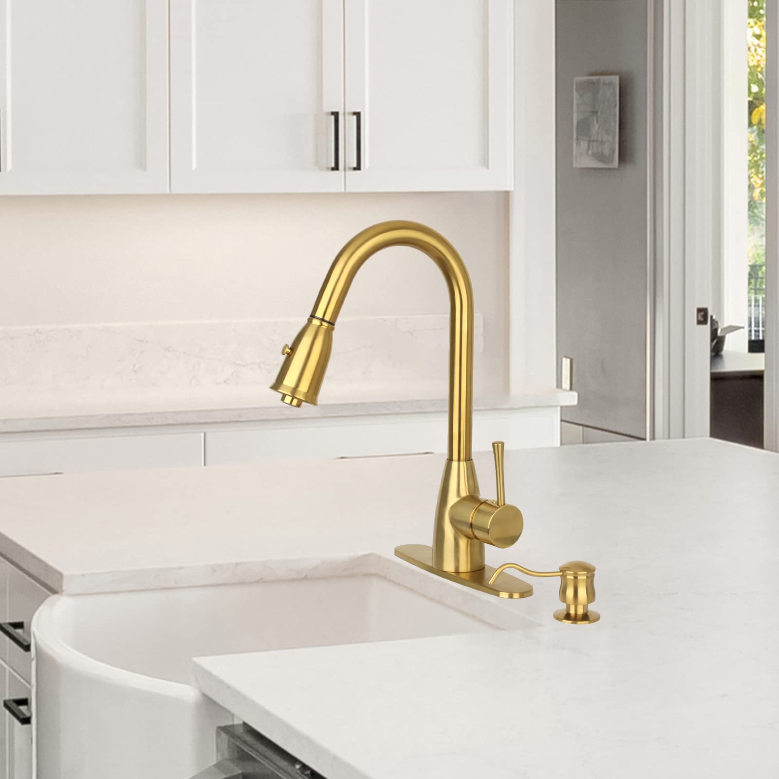 Akicon One-Handle Brushed Gold Pull Down Kitchen Faucet with Deck Plate - 5 Years Warranty (Brushed Gold)