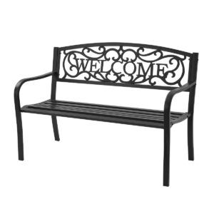 giantex garden bench, antique metal outside bench w/warm welcome pattern, elegant bronze finish and durable iron frame for park yard porch chair (black)