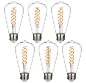 myemitting dimmable st58 led edison bulbs, 6w equivalent to 60w vintage light bulbs, e26 base 2700k st58/st19 led bulbs, antique flexible spiral led filament light bulbs - clear glass 6pack