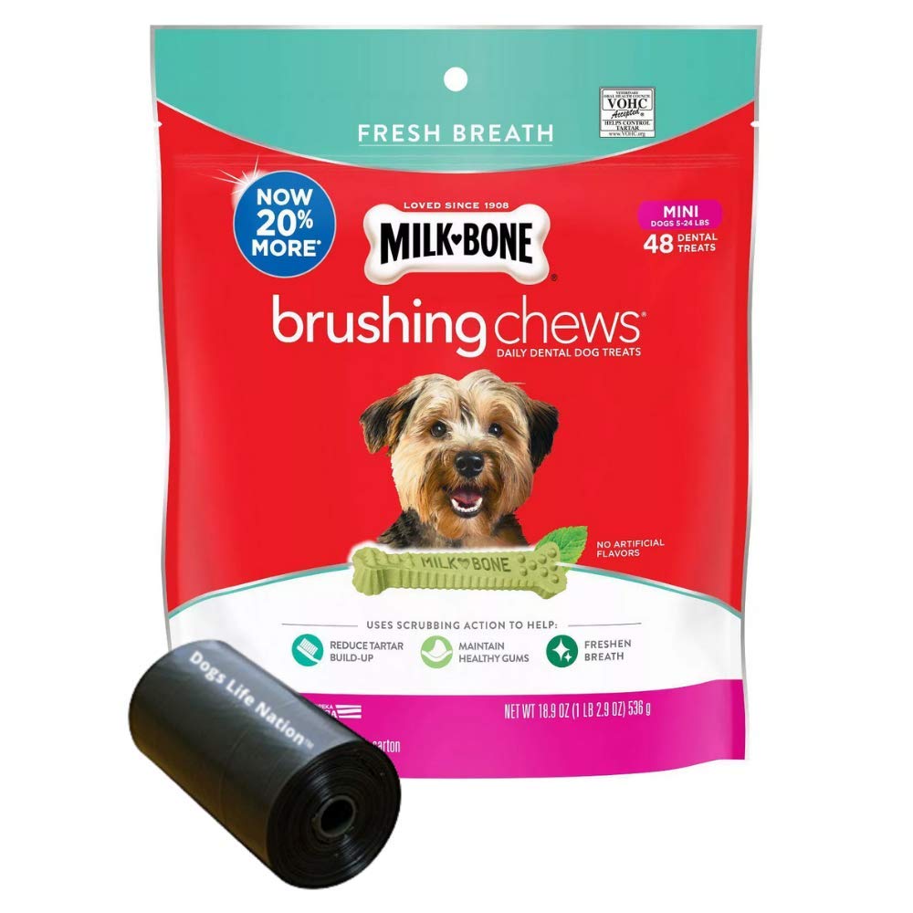 48 Mini Milk-Bone Fresh Breath Brushing Chews Daily Dental Dog Treats and Dogs Life Nation Waste Bag Bundle