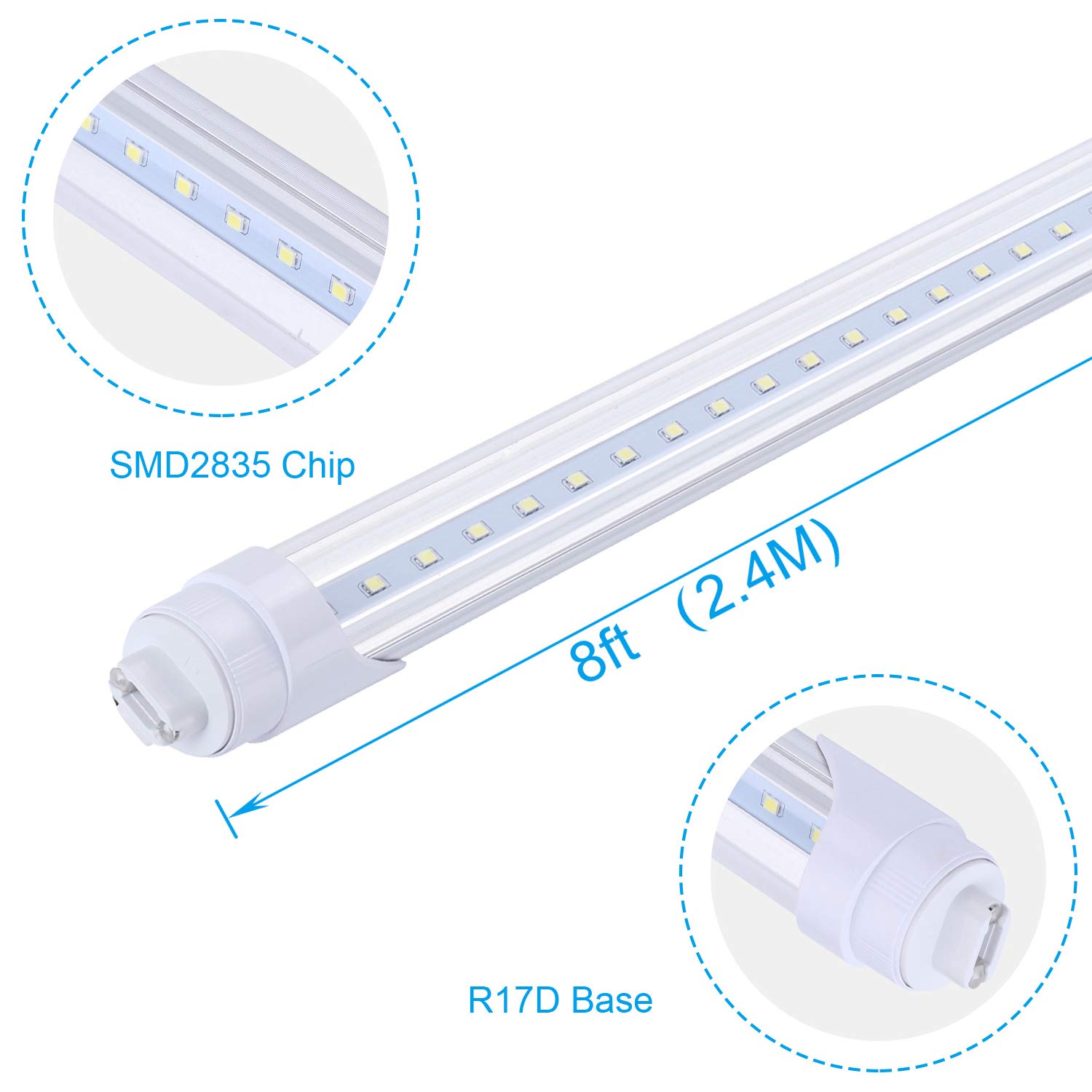 R17D/HO 8FT LED Shop Bulb, Rotating Base LED Tube Light, 6000K Clear Lens, Dual-Ended Power Bulb Lights, non-dimmable, 2 Pin, BALLAST REMOVED, (Replacement for F96T12/CW/HO 110W Fluorescent Light)