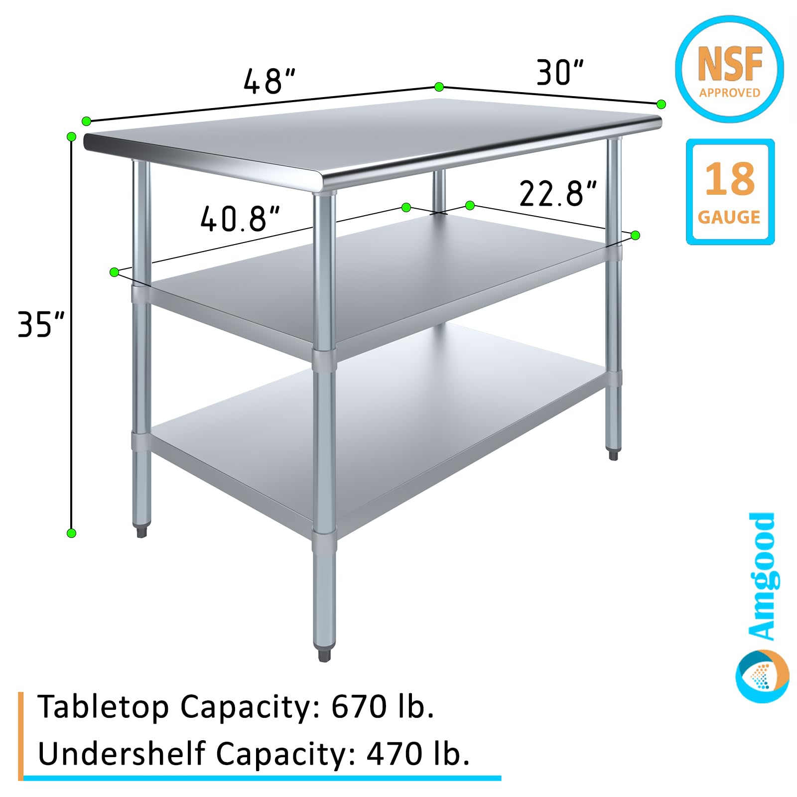 AmGood Stainless Steel Work Table with 2 Shelves | NSF | Metal Utility Table (48" Long x 30" Deep)