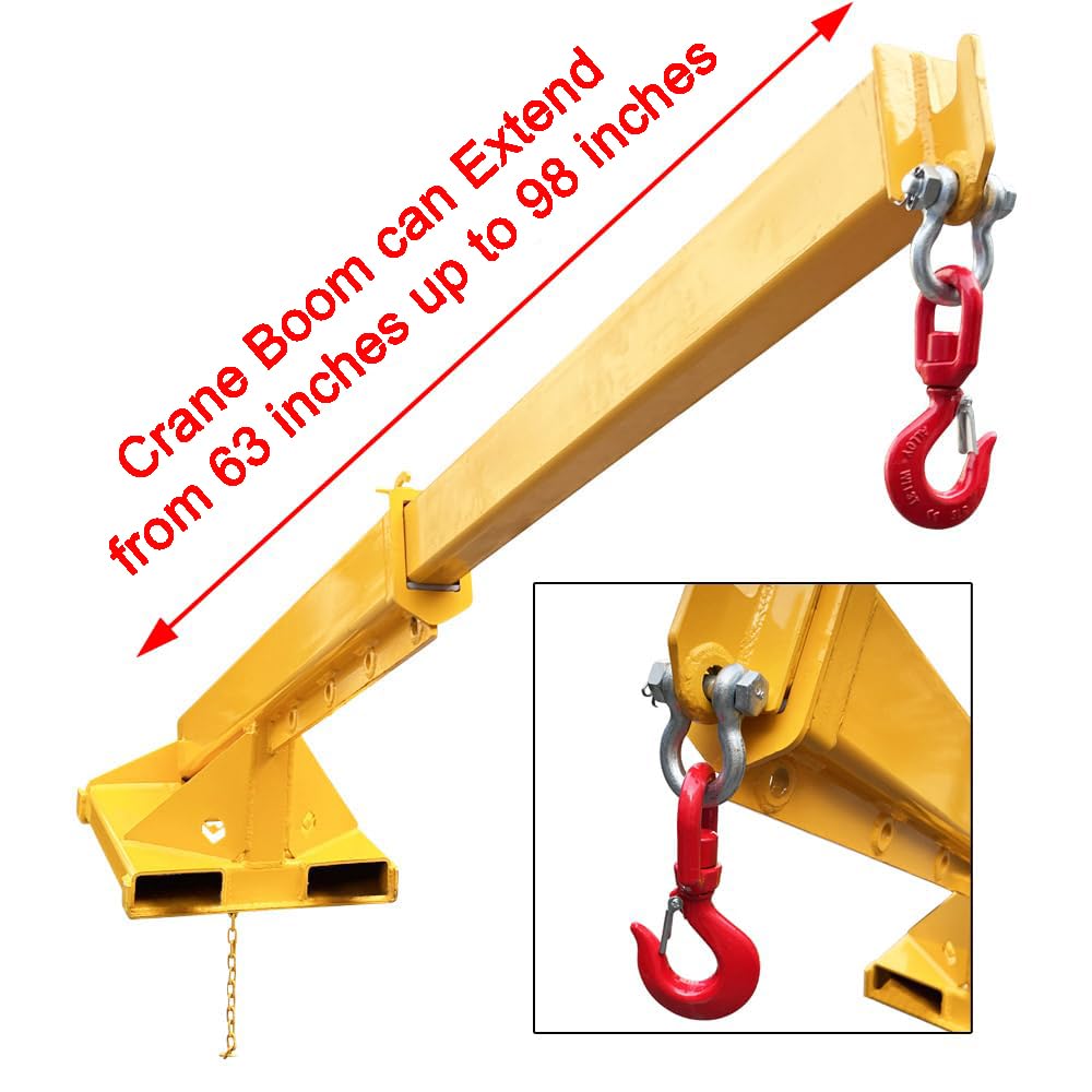 INTBUYING Adjustable Forklift Jib Boom Crane, Lifting up to 4400LB/2T, with a Mobile Crane Hoist and Truss Hook Extension Attachment Ranging from 63-98in, for Forklift Towing and Handling Equipment