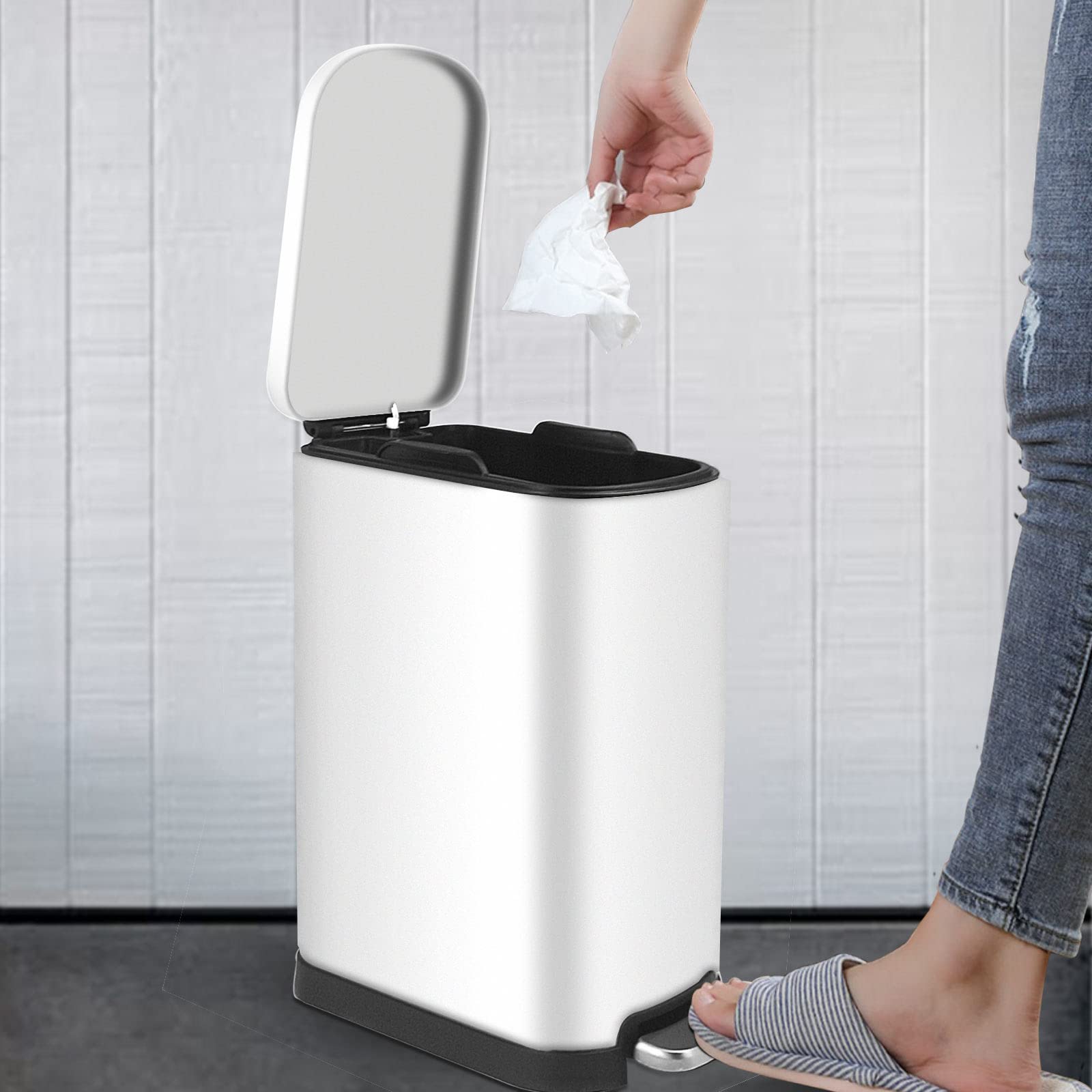 CLTEC 10 Liter/2.6 Gallon Small Trash Can with Lid Soft Close, Removable Inner Waste Basket, Rectangular Slim Garbage Can for Bathroom Bedroom Office Nursery, Narrow Step Trash Bin, White