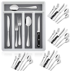 e-far 24-piece silverware set with organizer tray and steak knives, stainless steel flatware cutlery service for 4, basic tableware eating utensils for home kitchen, mirror polished, dishwasher safe