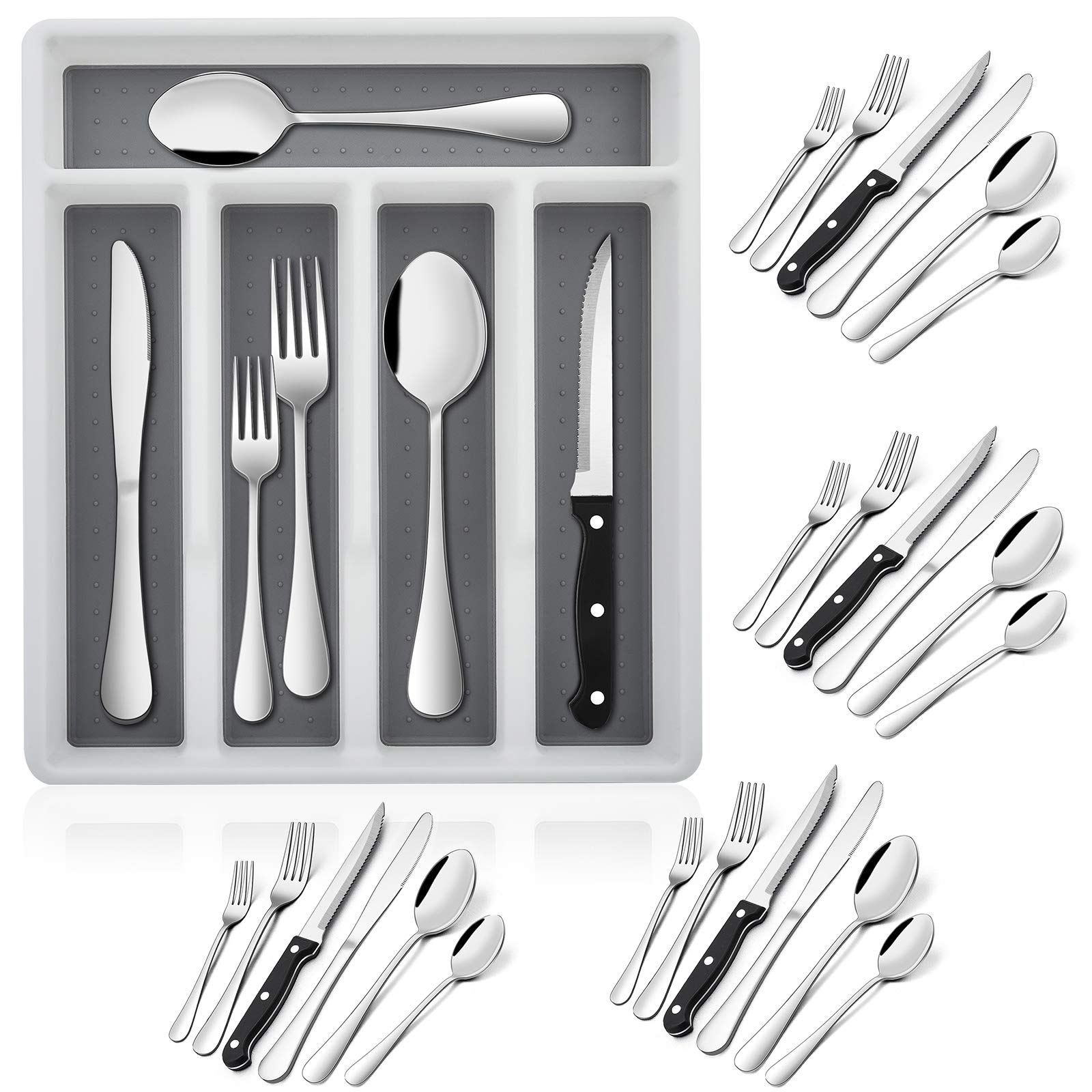 E-far 24-Piece Silverware Set with Organizer Tray and Steak Knives, Stainless Steel Flatware Cutlery Service for 4, Basic Tableware Eating Utensils for Home Kitchen, Mirror Polished, Dishwasher Safe