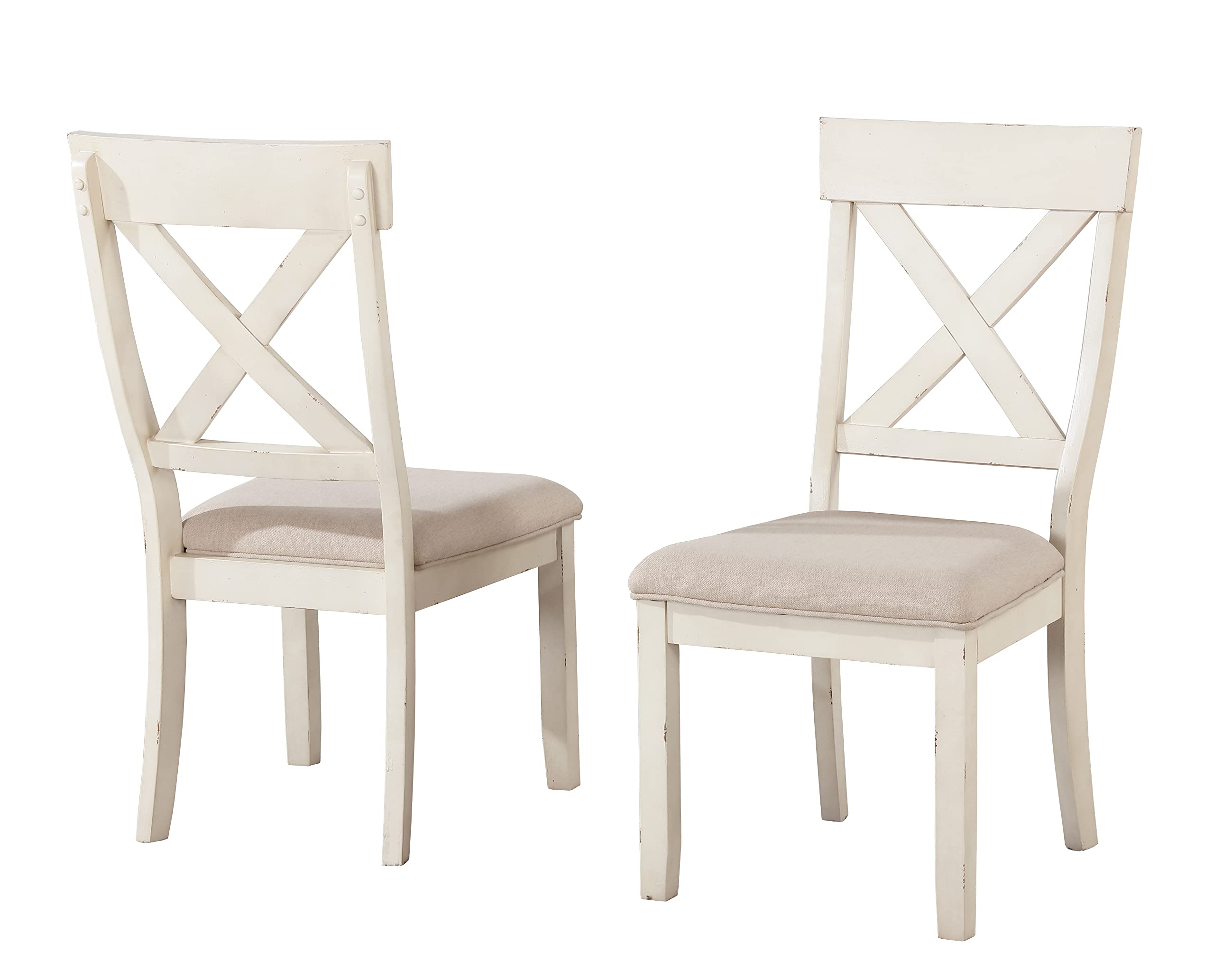 Roundhill Furniture Prato Wood Cross Back Upholstered Dining Chairs, Set of 2, Antique White and Tan