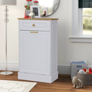 ong tilt out trash cabinet or laundry hamper, free standing kitchen wooden trash can new upgrade recycling cabinet, hideaway trash holder, kitchen waste bin, with w/drawer (white)