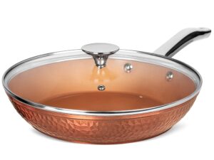 michelangelo nonstick fry pan with lid, hammered copper frying pan nonstick skillet, 12 inch frying pan induction compatible - large frying pan 12 inch